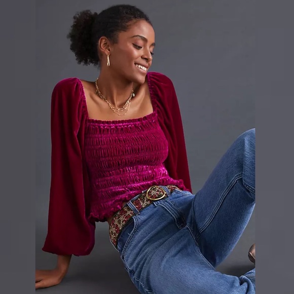 Anthropologie | Tops | Anthropologie Velvet Smocked Puff Sleeve Top ...